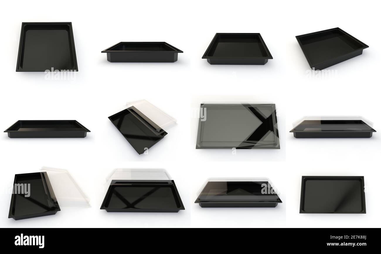 Set of black plastic roll boxes. Isolated white background. 3D render ...