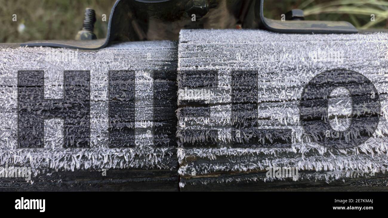 "Hielo" word written on frozen wooden post. Translation:Ice Stock Photo ...