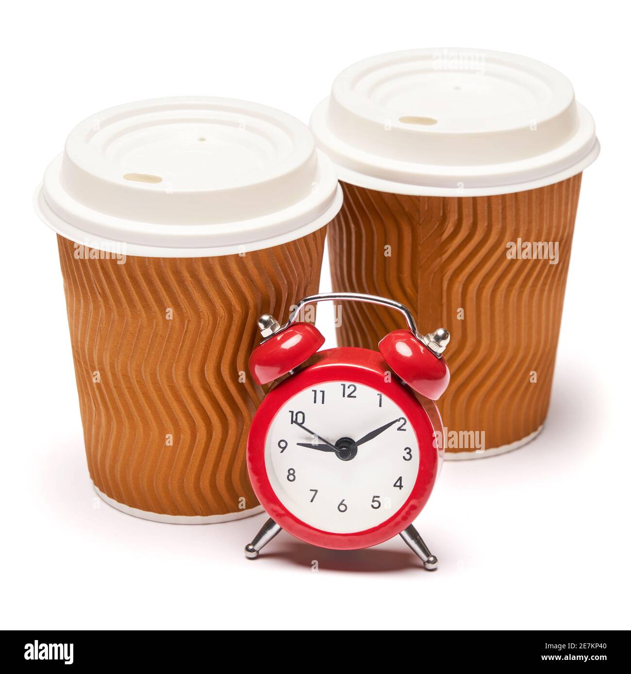 Morning red alarm clock and disposable paper cup or mug isolated on ...