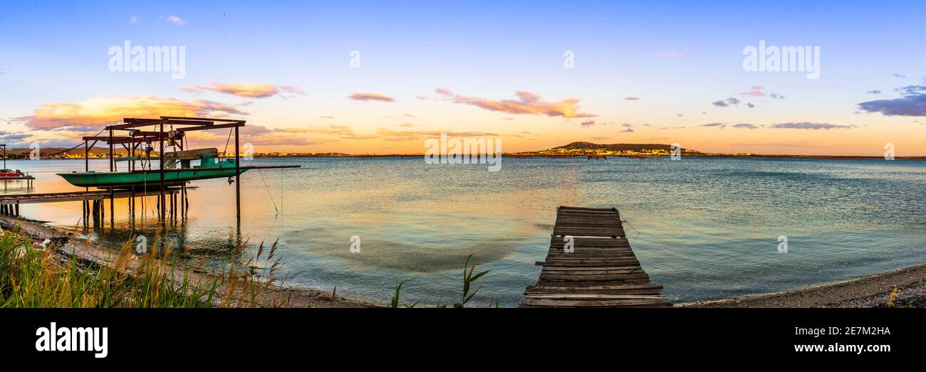 Oyster tables on the Thau lagoon and Mont Saint Clair in the background ...