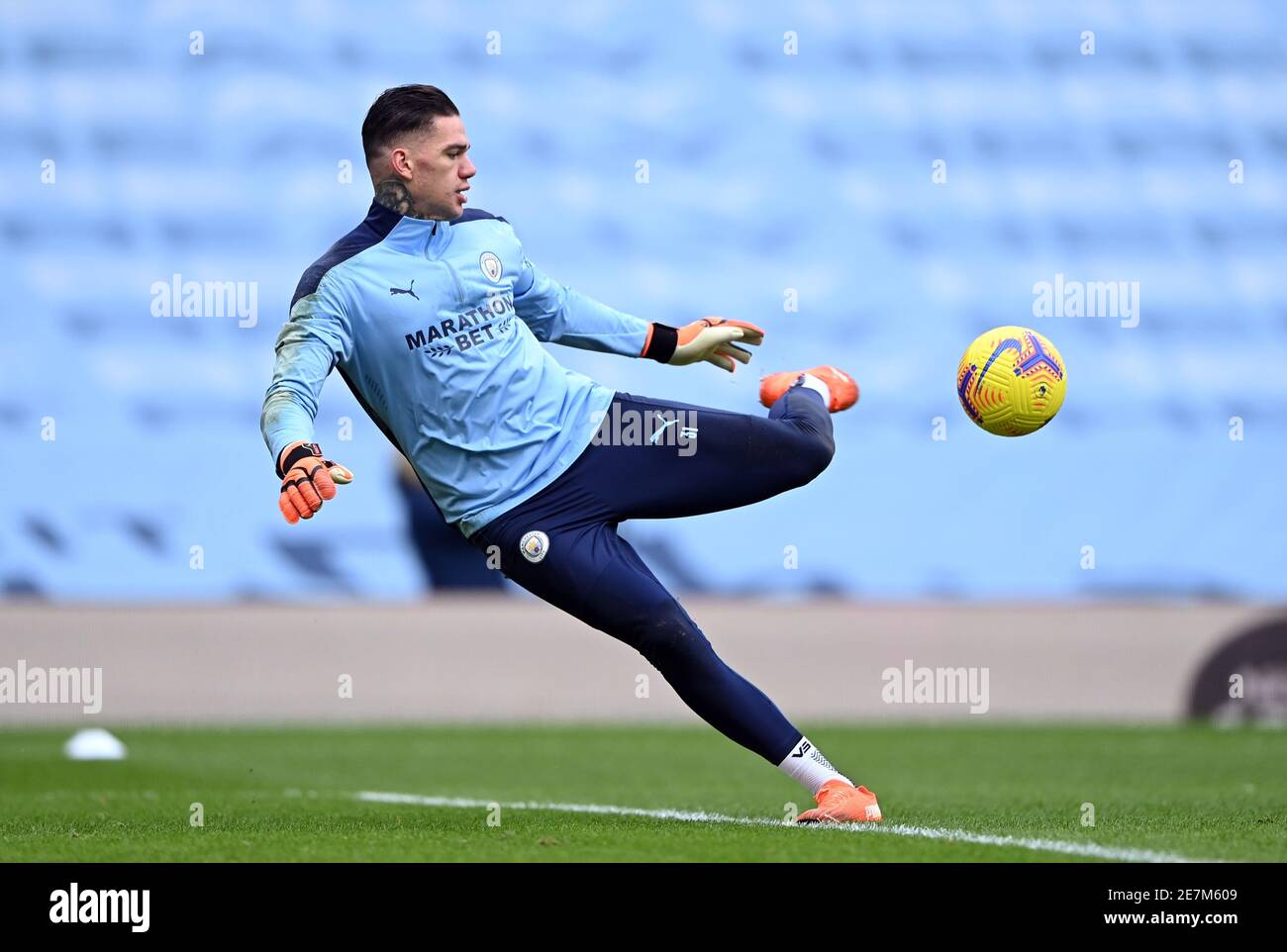 Manchester City goalkeeper Ederson during warm up ahead of the Premier ...