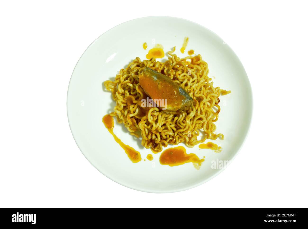 instant noodles topping mackerel with ketchip on dish Stock Photo - Alamy