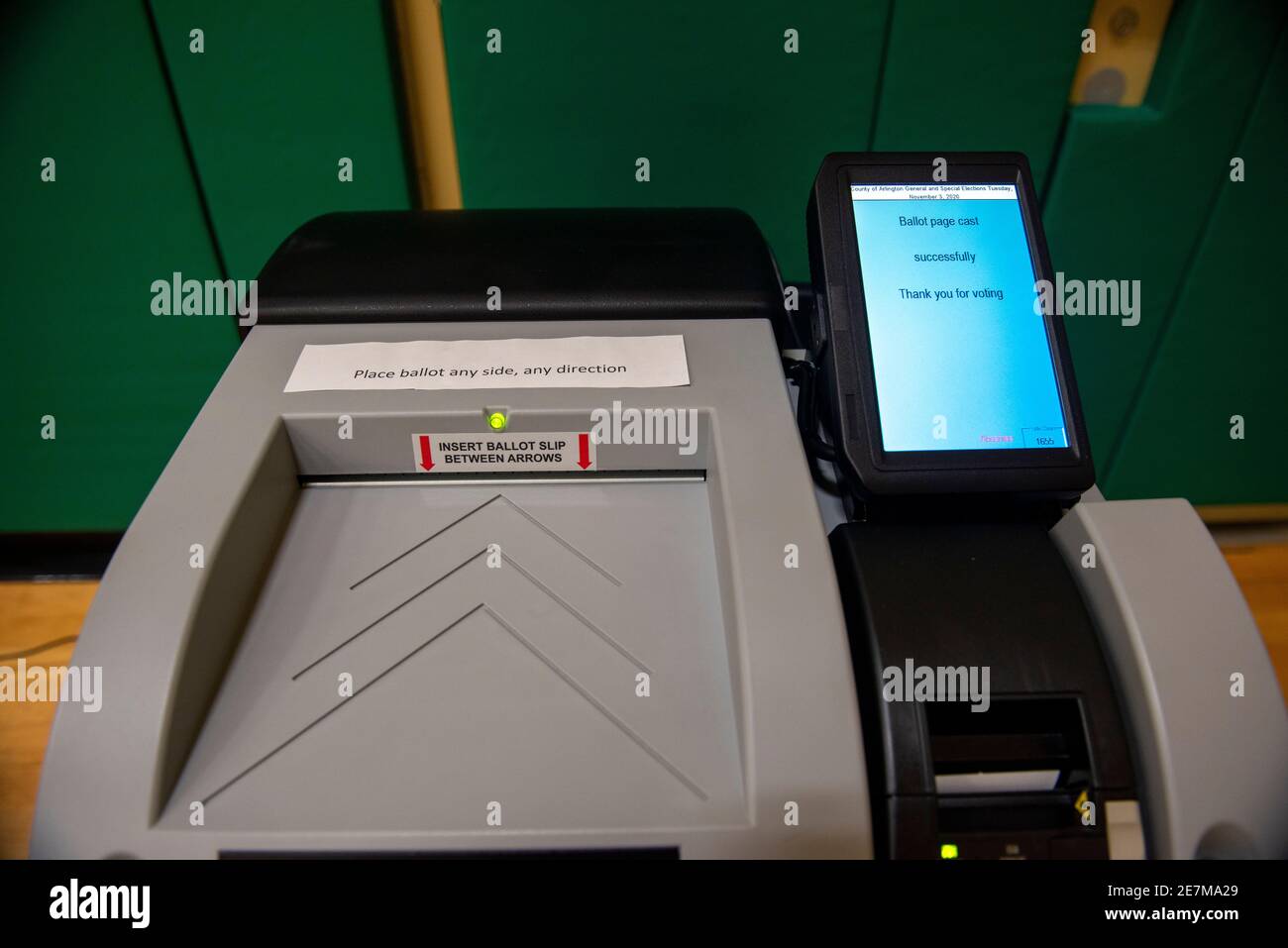 A screen on a ballot counter shows a ballot has been cast successfully ...