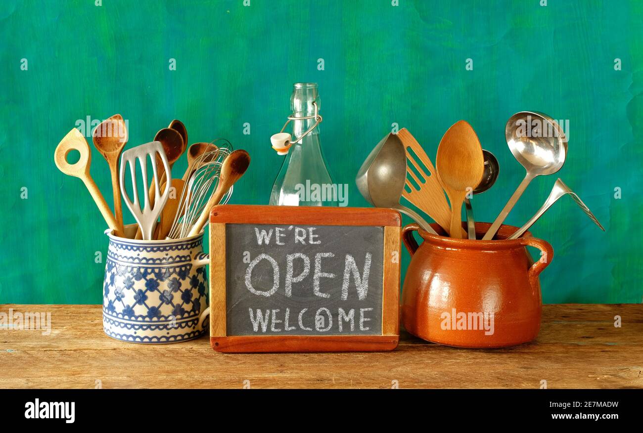 Welcome and open sign, restaurant or cafe ready to service after corona ...