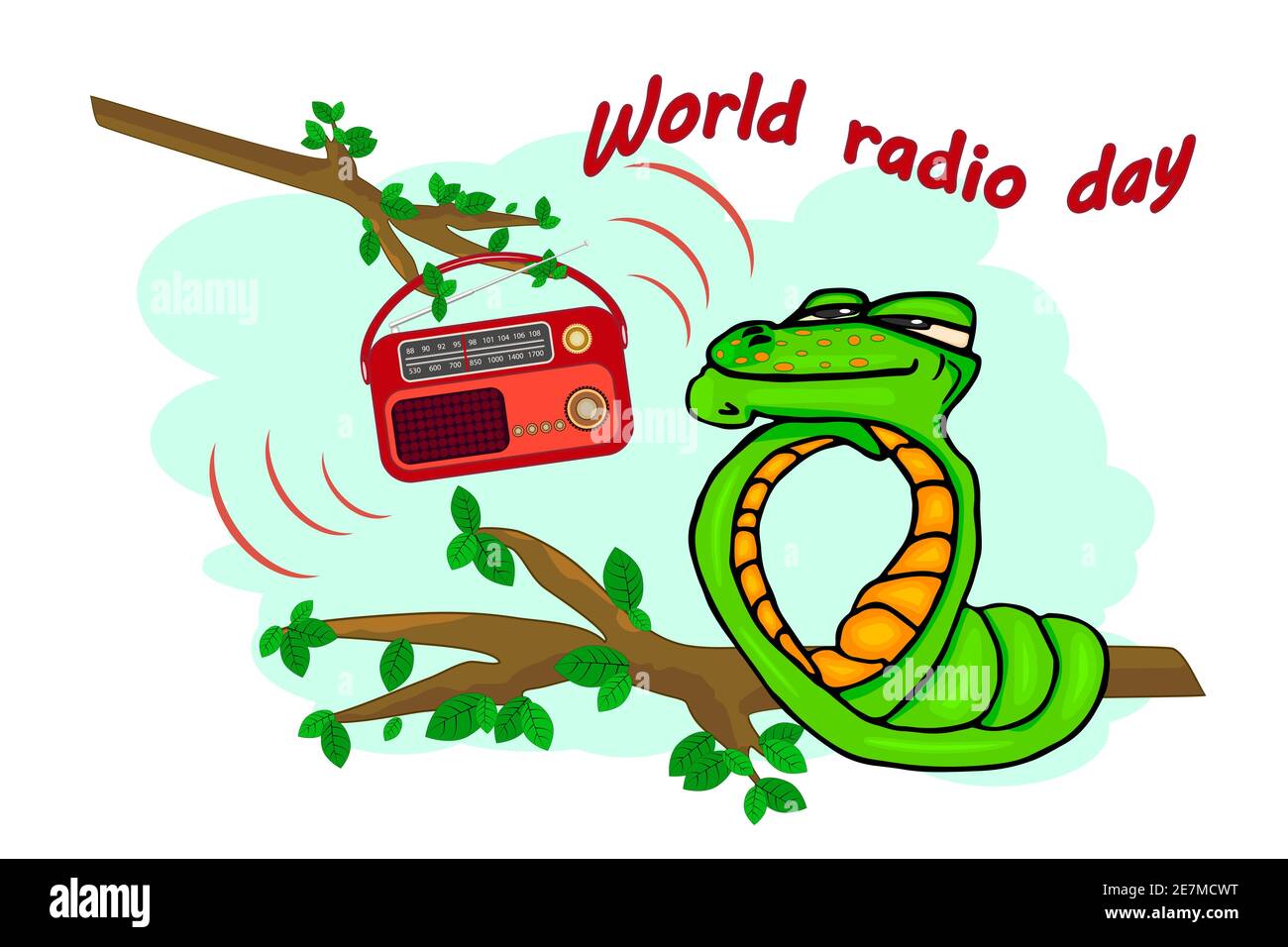 Snake with radio isolated on white background.Cute snake listening ...