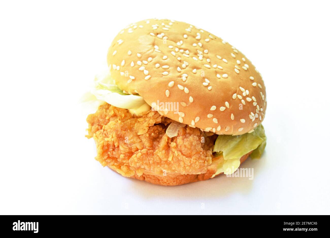 crispy fried chicken hamburger dressing cheese sauce on white ...