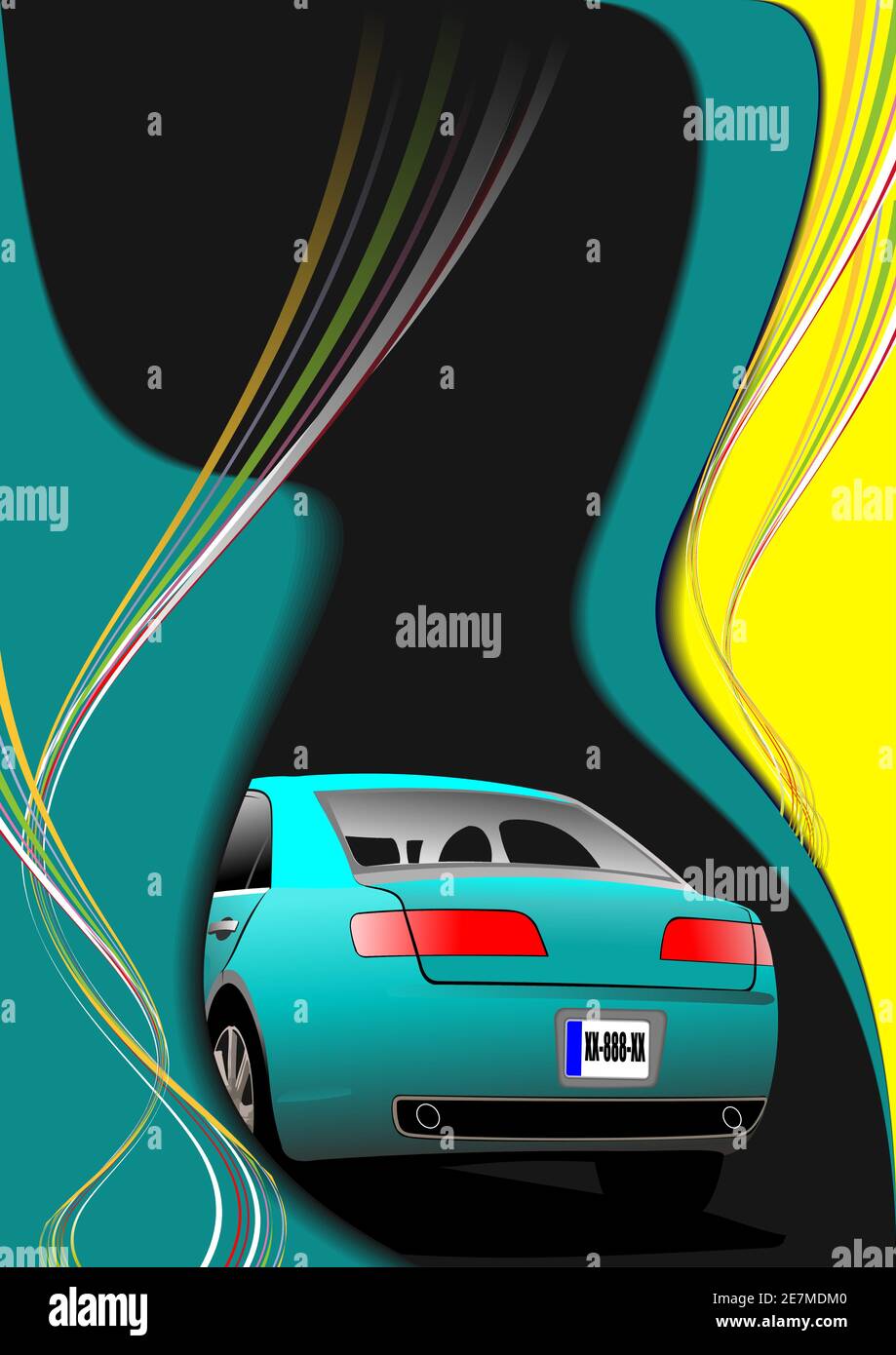 Green-yellow background and Rear view car sedan with the image of a ...