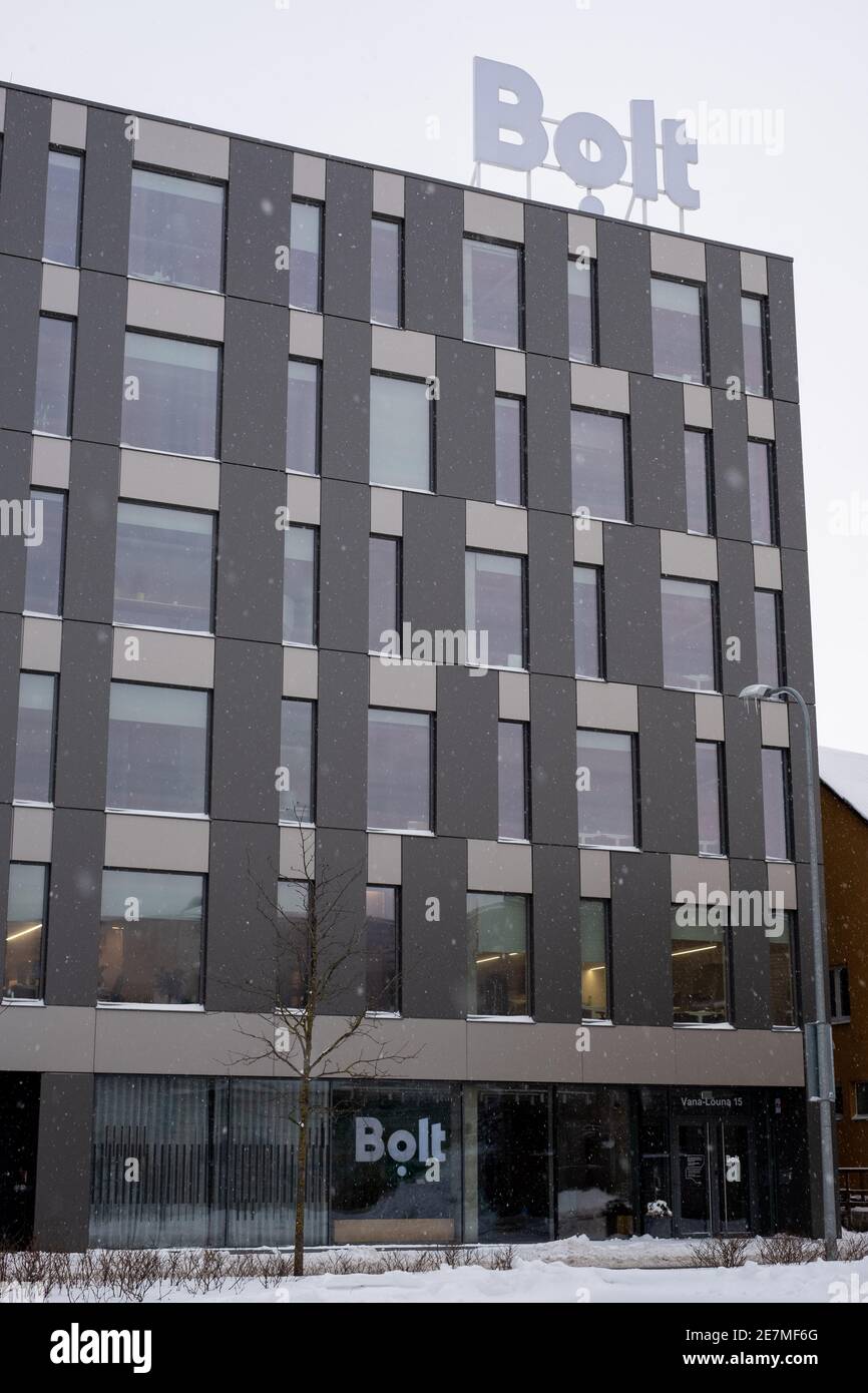 Bolt logo on Bolt new headquarter building. Bolt is transportation ...