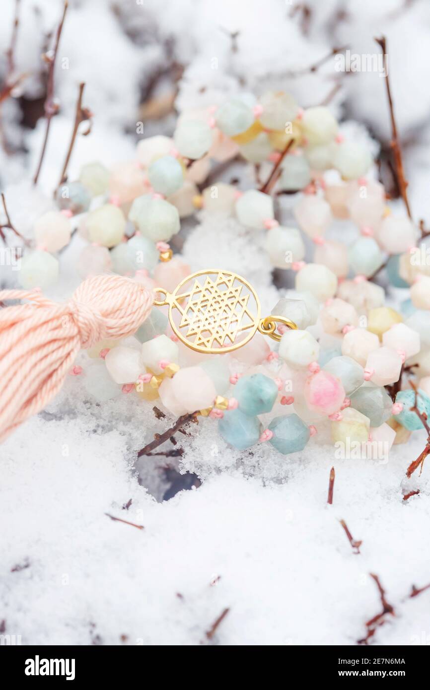 Brass metal spiritual symbol of yantra faceted morganite mala necklace ...