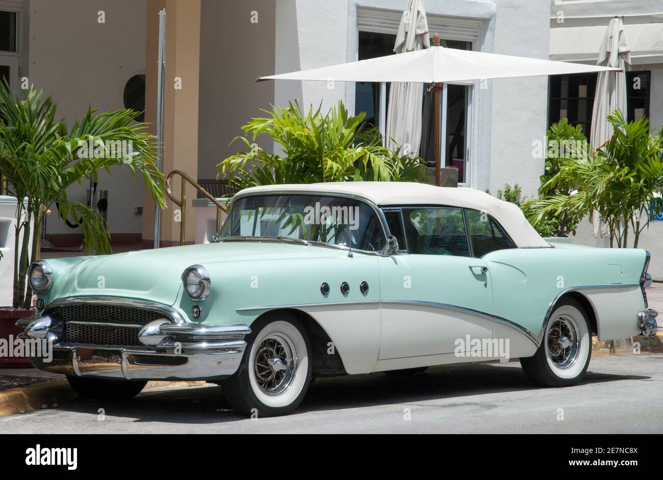 The old style car parked in famous Ocean Drive in Miami South Beach ...