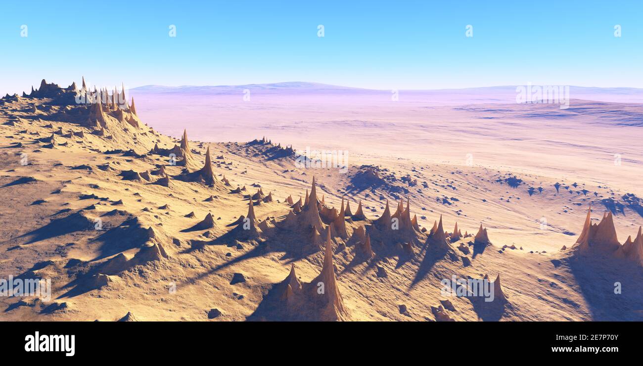 Alien planetary landscape with desert sand stalagmites. 3d illustration ...