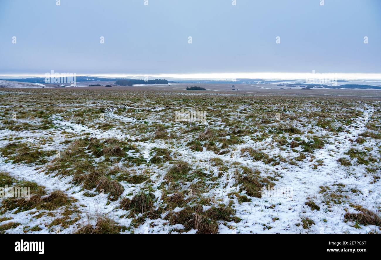 winter snow covered landscape view of Salisbury Plain from Sidbury Hill ...