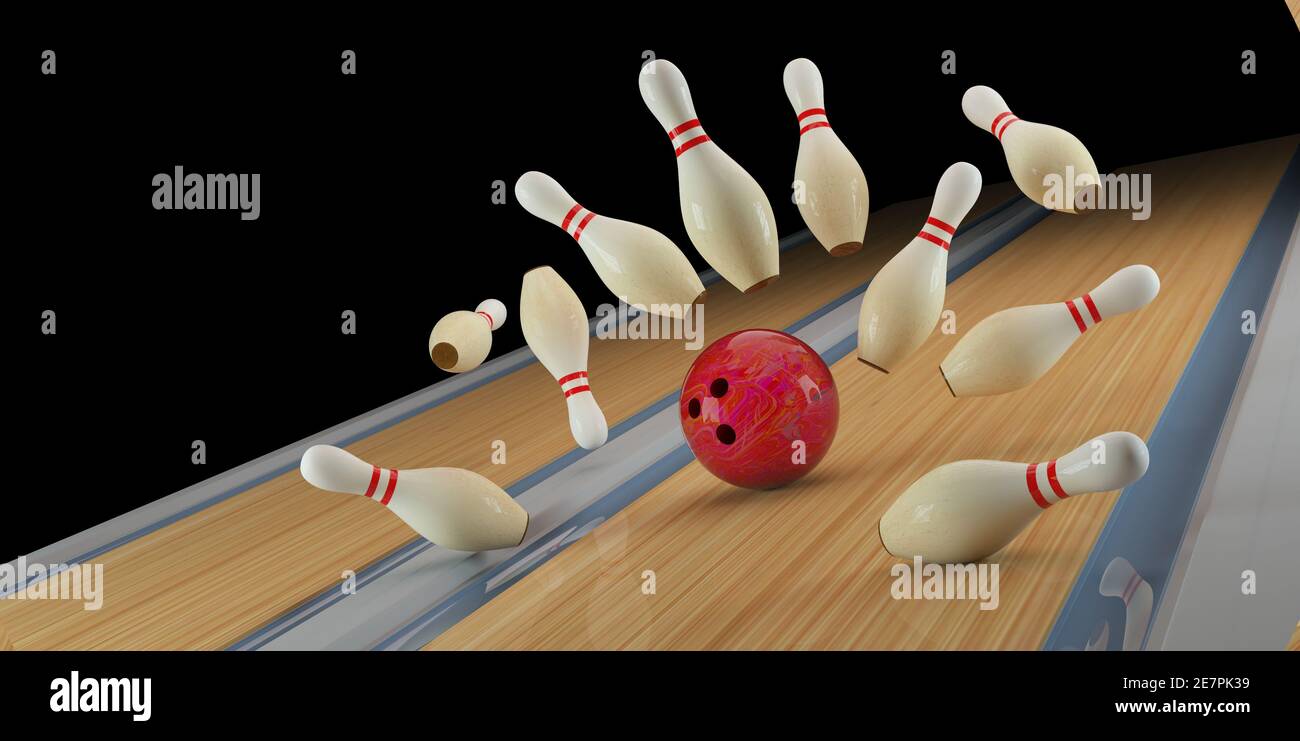bowling strike. Skittles and bowling ball on the track Stock Photo - Alamy