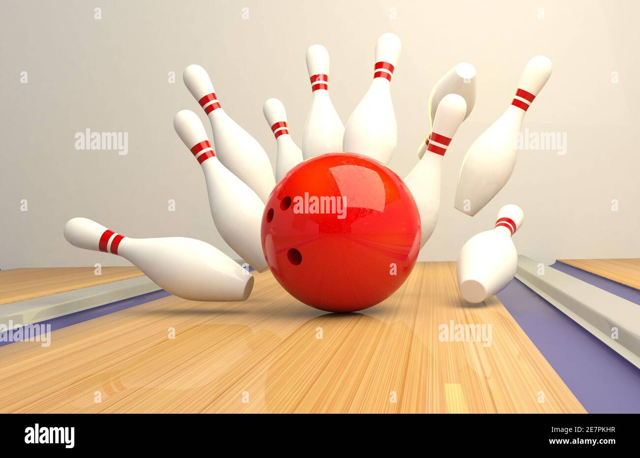 bowling strike. Skittles and bowling ball on the track Stock Photo - Alamy