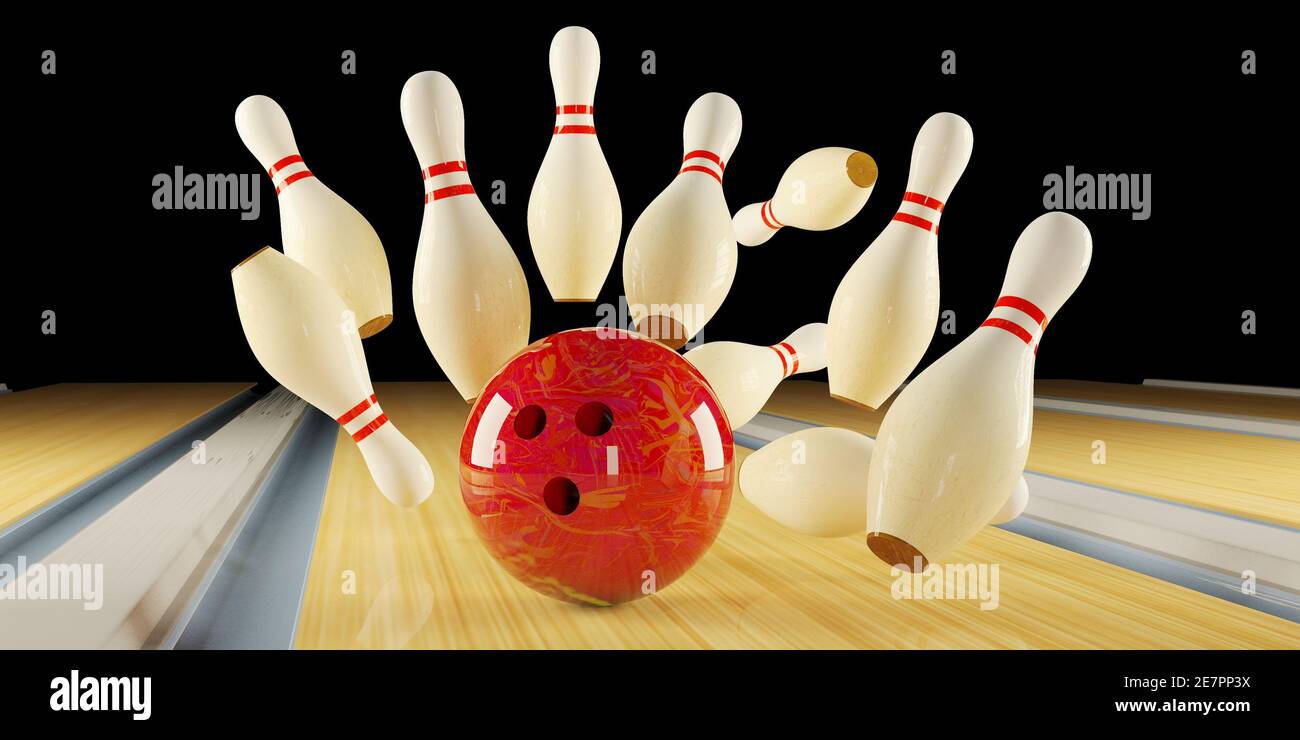 bowling strike. Skittles and bowling ball on the track Stock Photo - Alamy