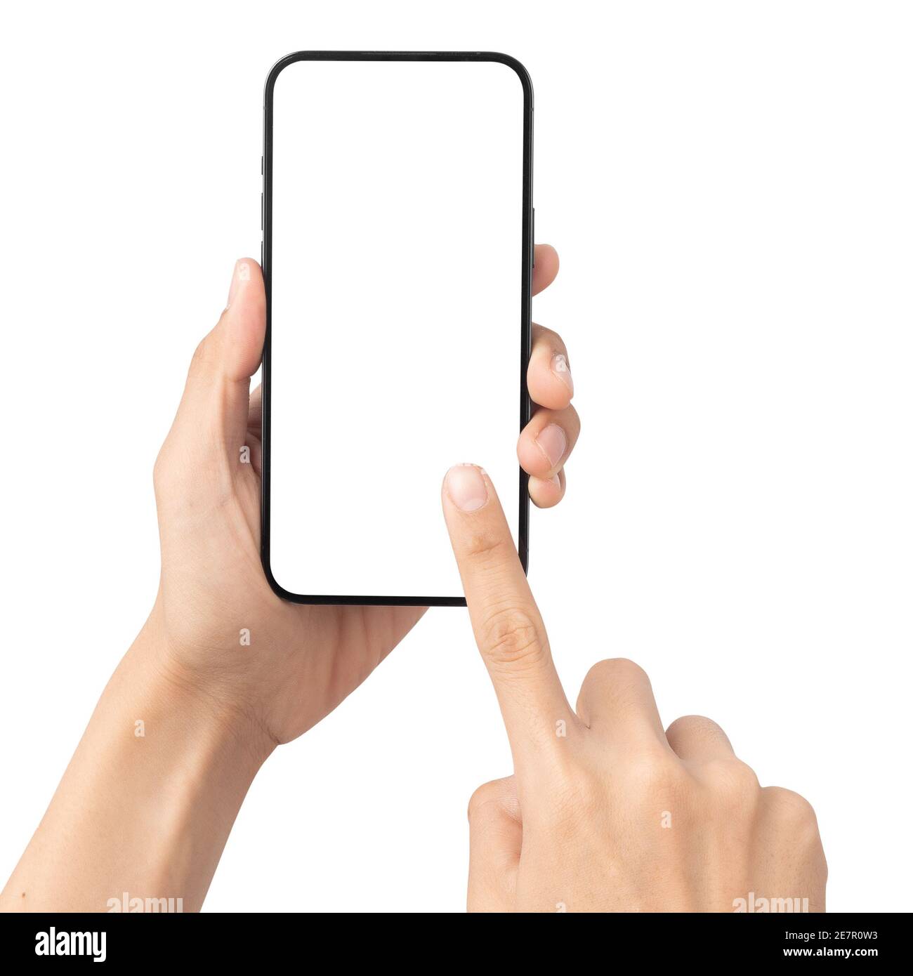 Male hand holding the black smartphone and touching on blank screen ...