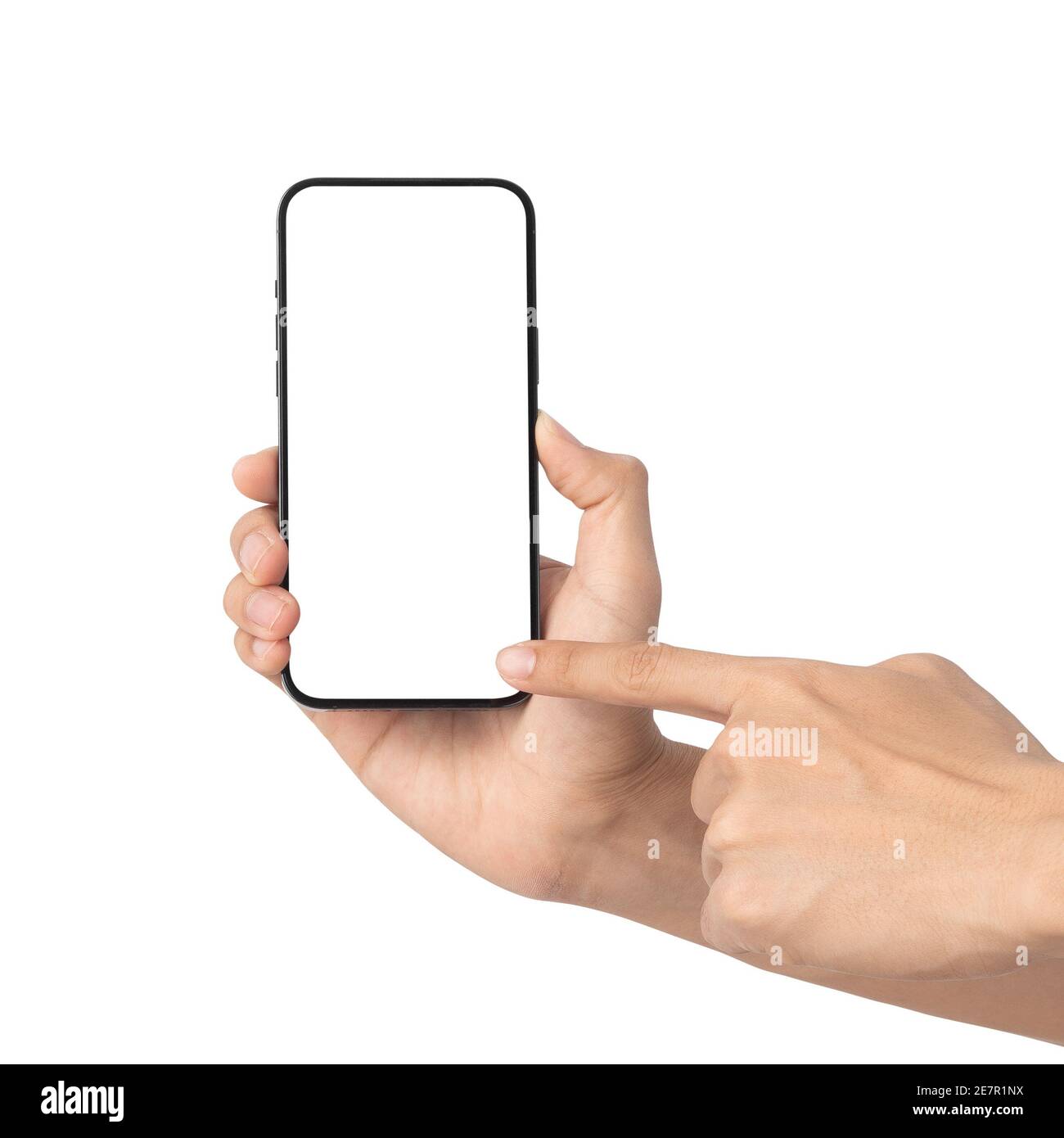 Male hand holding the black smartphone and touching on blank screen ...