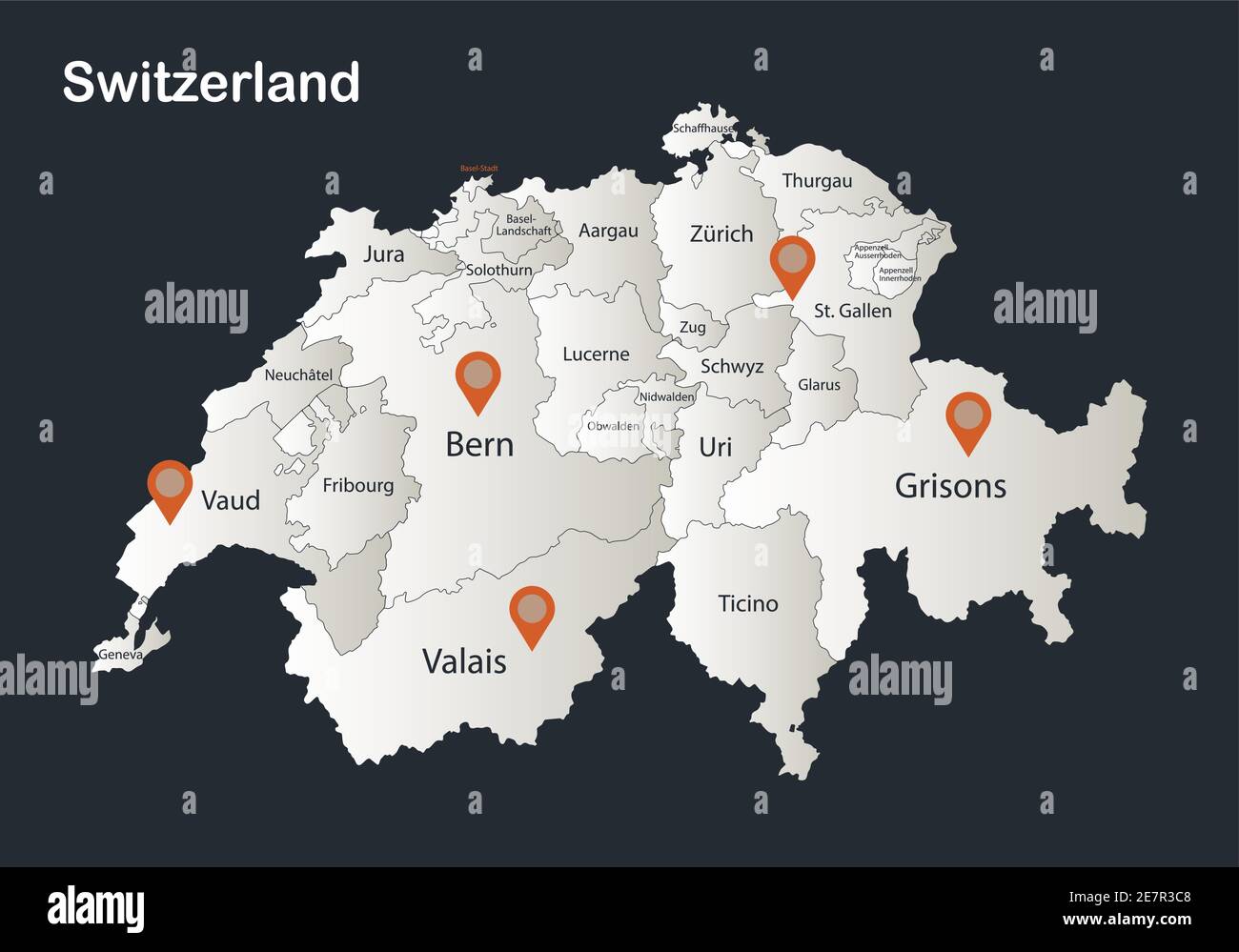 Switzerland map, Infographics flat design colors snow white, with names ...