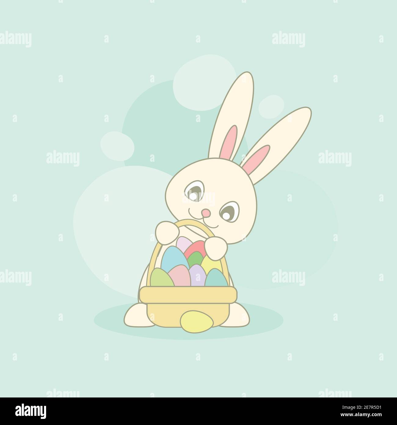 Cute pink Easter bunny with easter basket with eggs of different colors ...