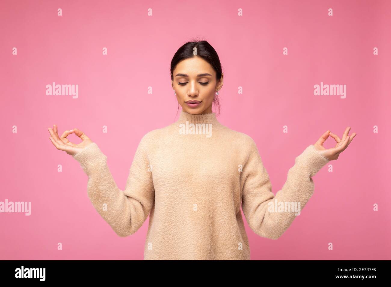 Portrait of young positive calm happy beautiful brunette woman with ...
