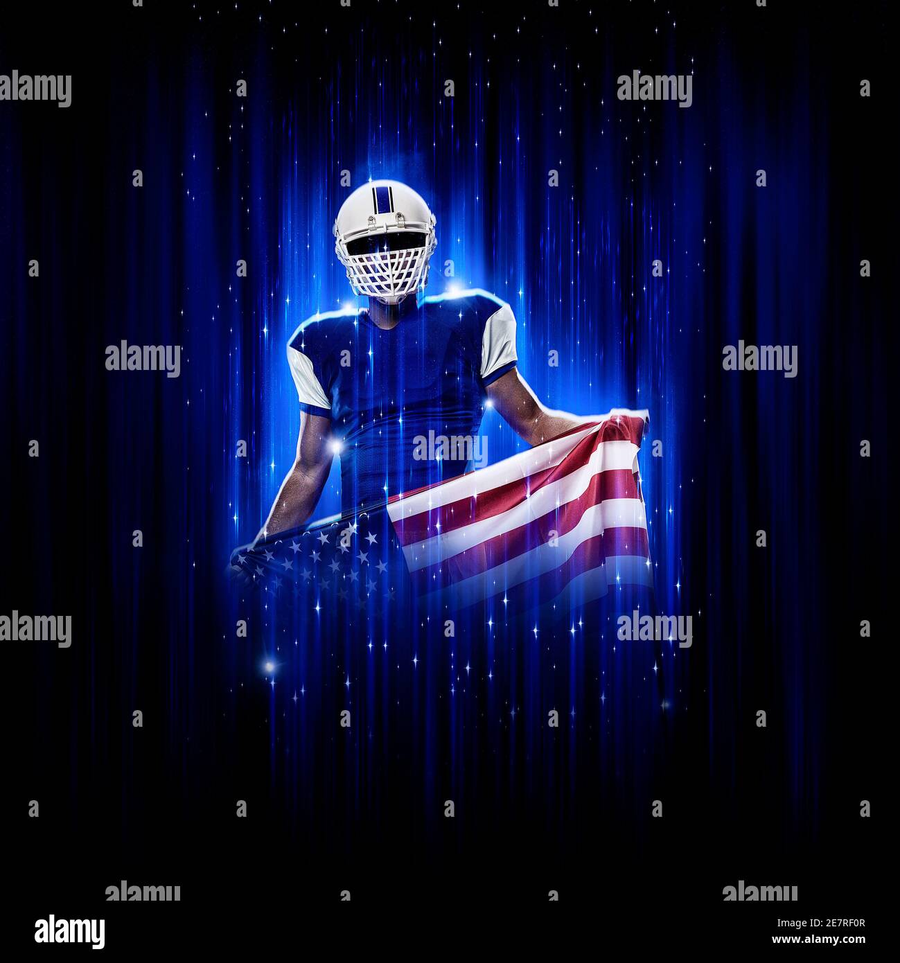 Football Player player with a superhero pose wearing a blue uniform on ...