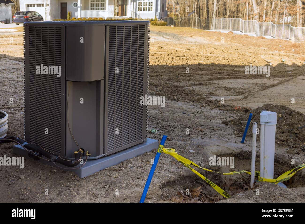 Air conditioning system unit installed outside facade of the new house ...