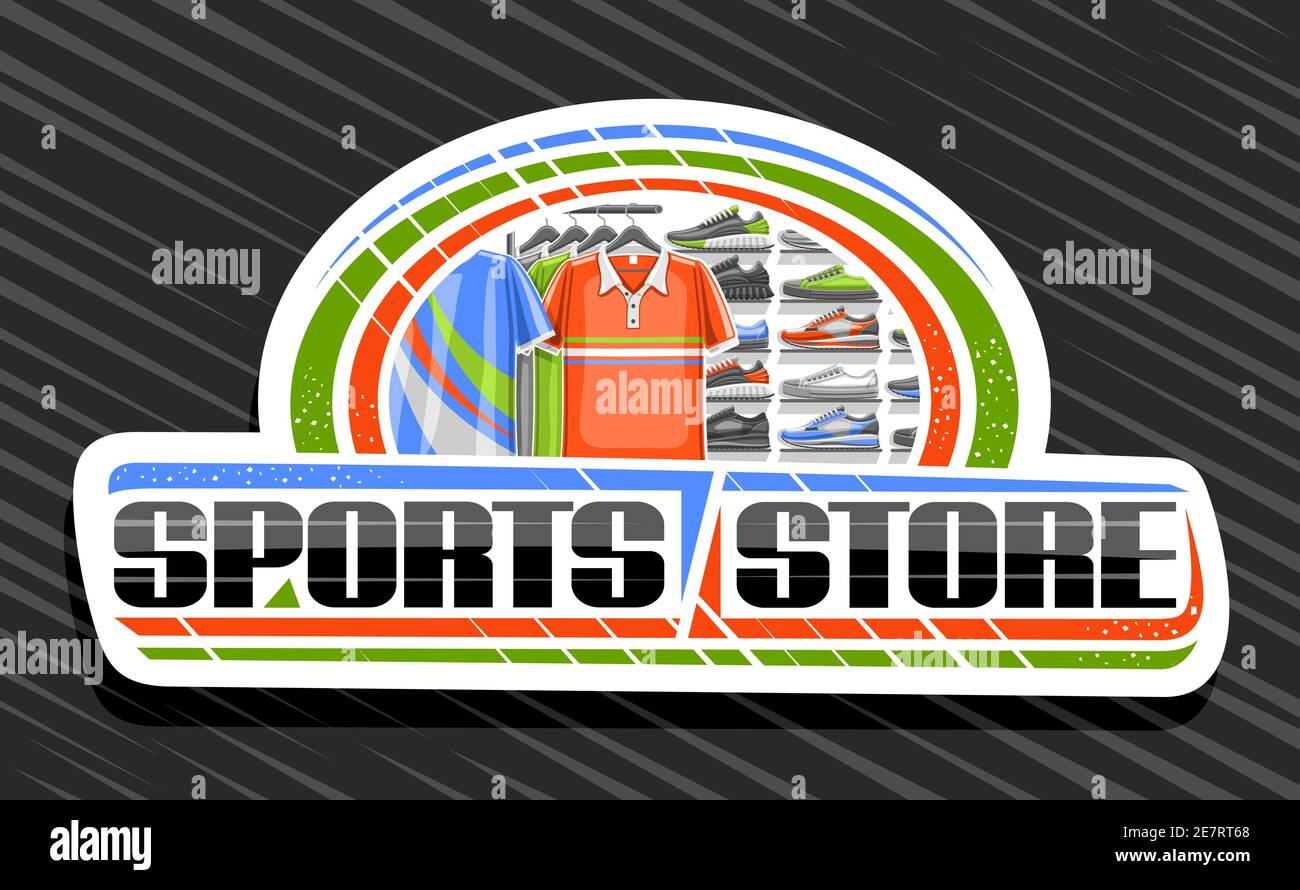 Vector logo for Sports Store, white decorative sign board with ...