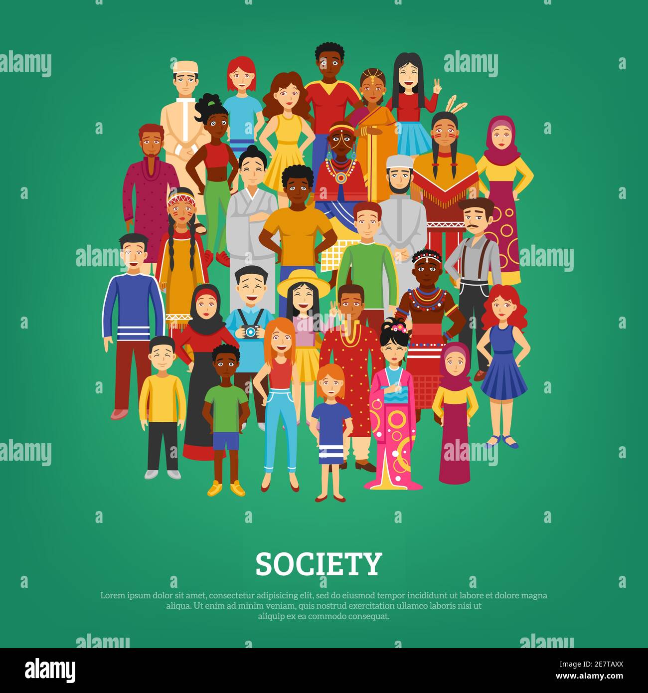 World society and nations concept on green background flat vector ...