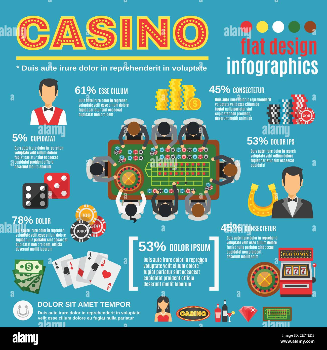 Casino infographic set with croupier roulette and cards symbols flat ...
