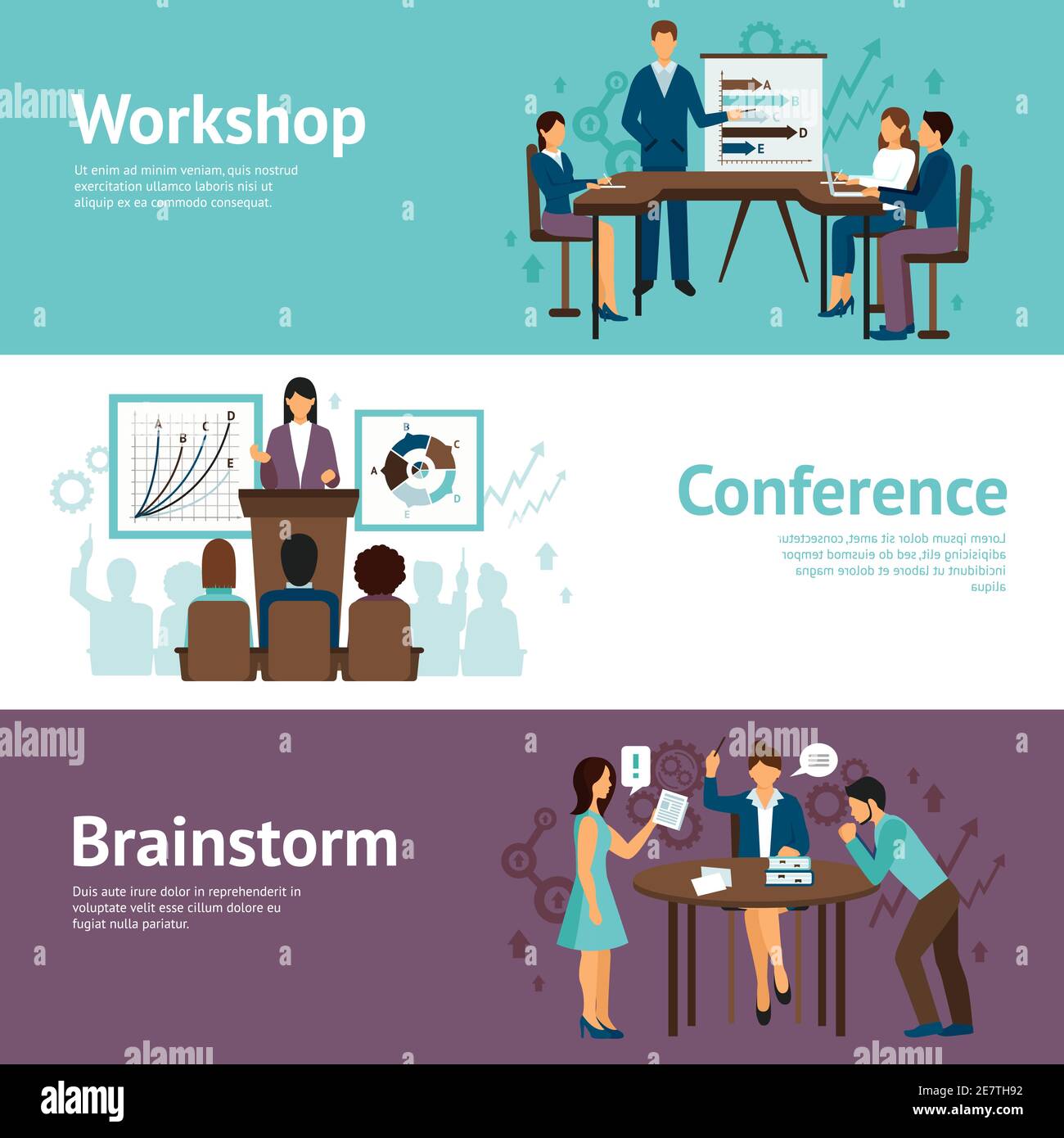 Horizontal banners set of scenes presenting business workshop ...