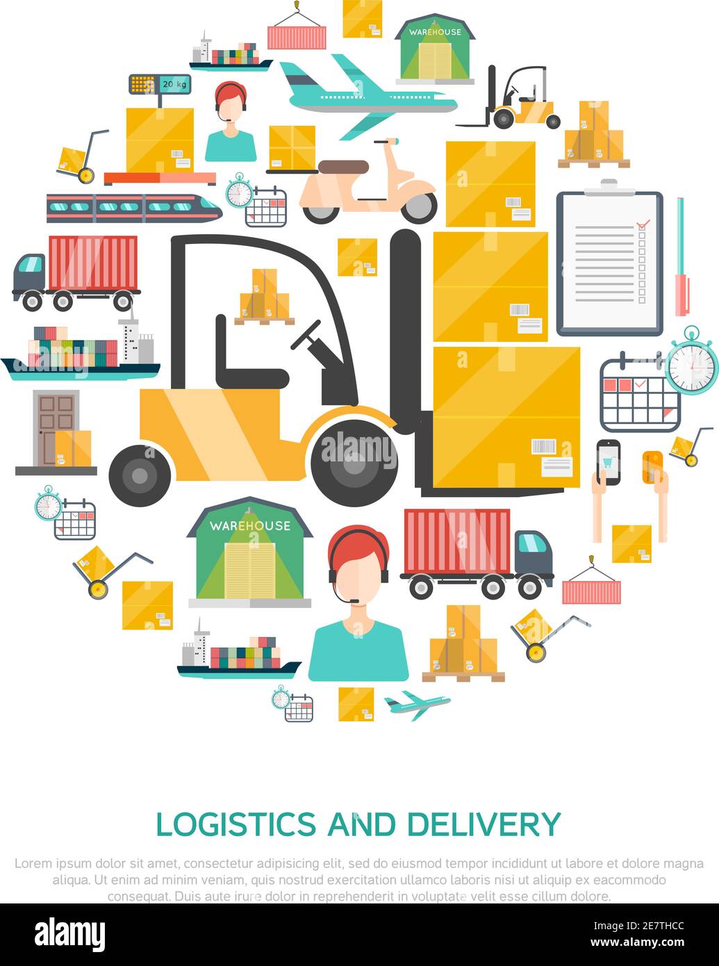 Logistics and transportation concept with storage and delivery symbols ...