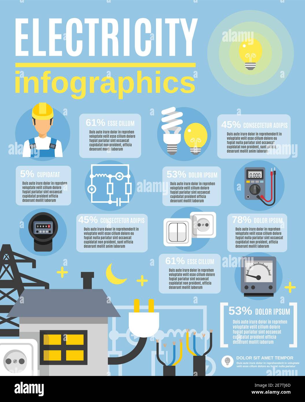 Electricity infographic set with light and power symbols flat vector ...