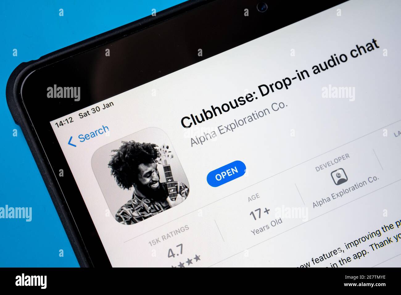 Clubhouse app seen in Apple app store on the iPad screen. Clubhouse is ...