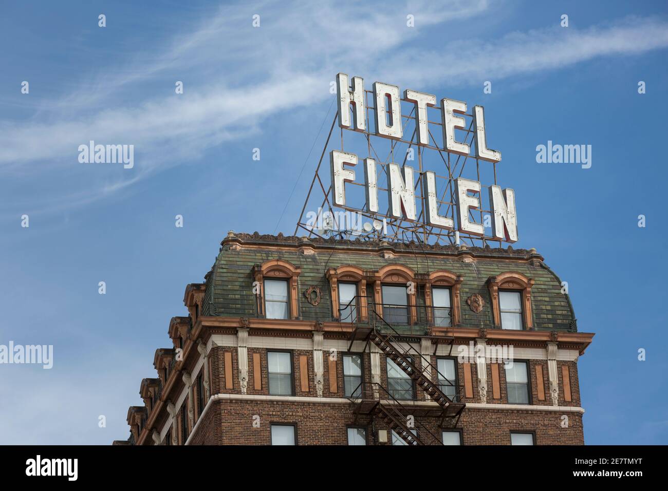 View of the iconic neon sign of the historic Hotel Finlen in Butte ...