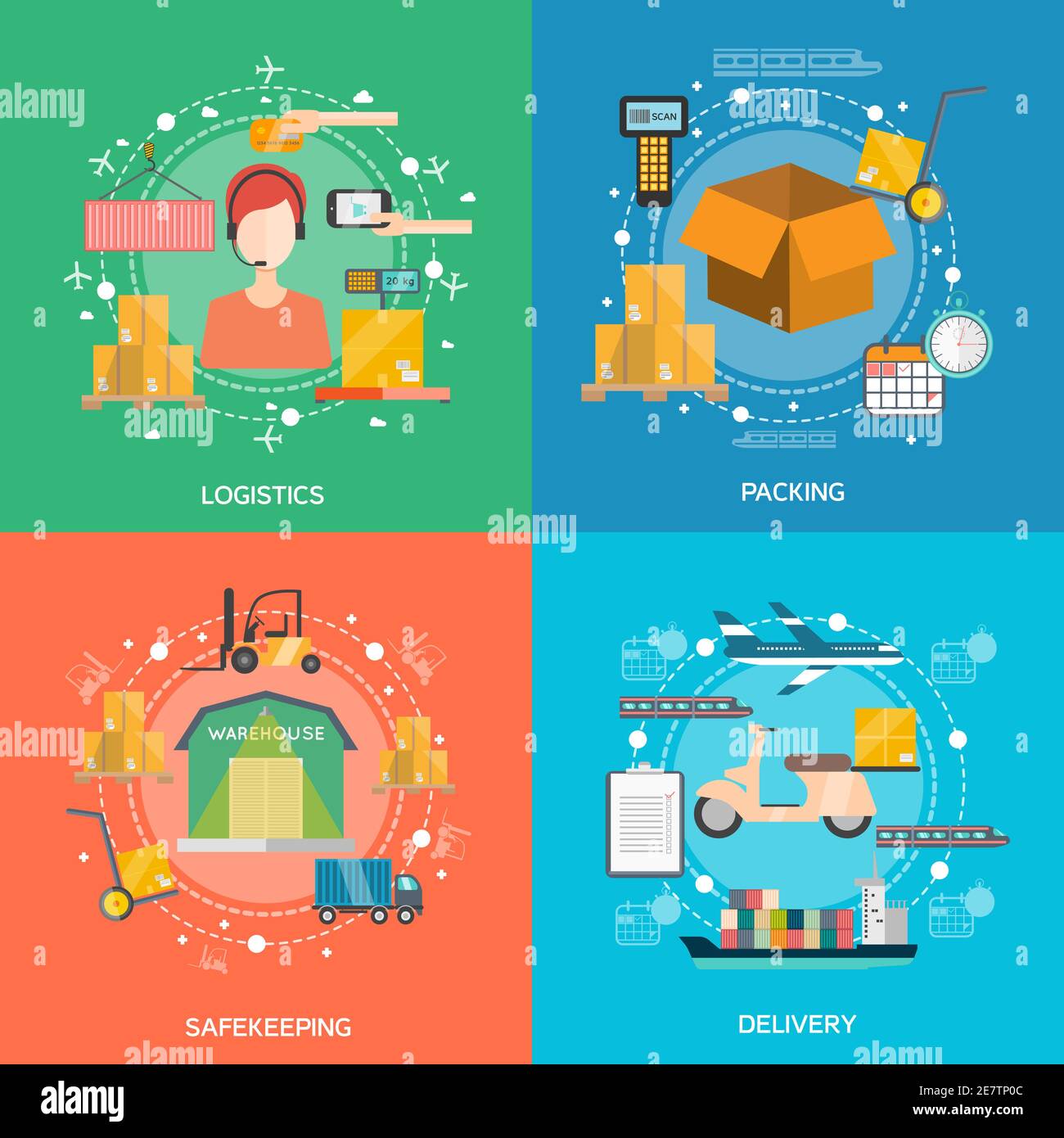 Logistics concept icons set with packing safekeeping and delivery ...