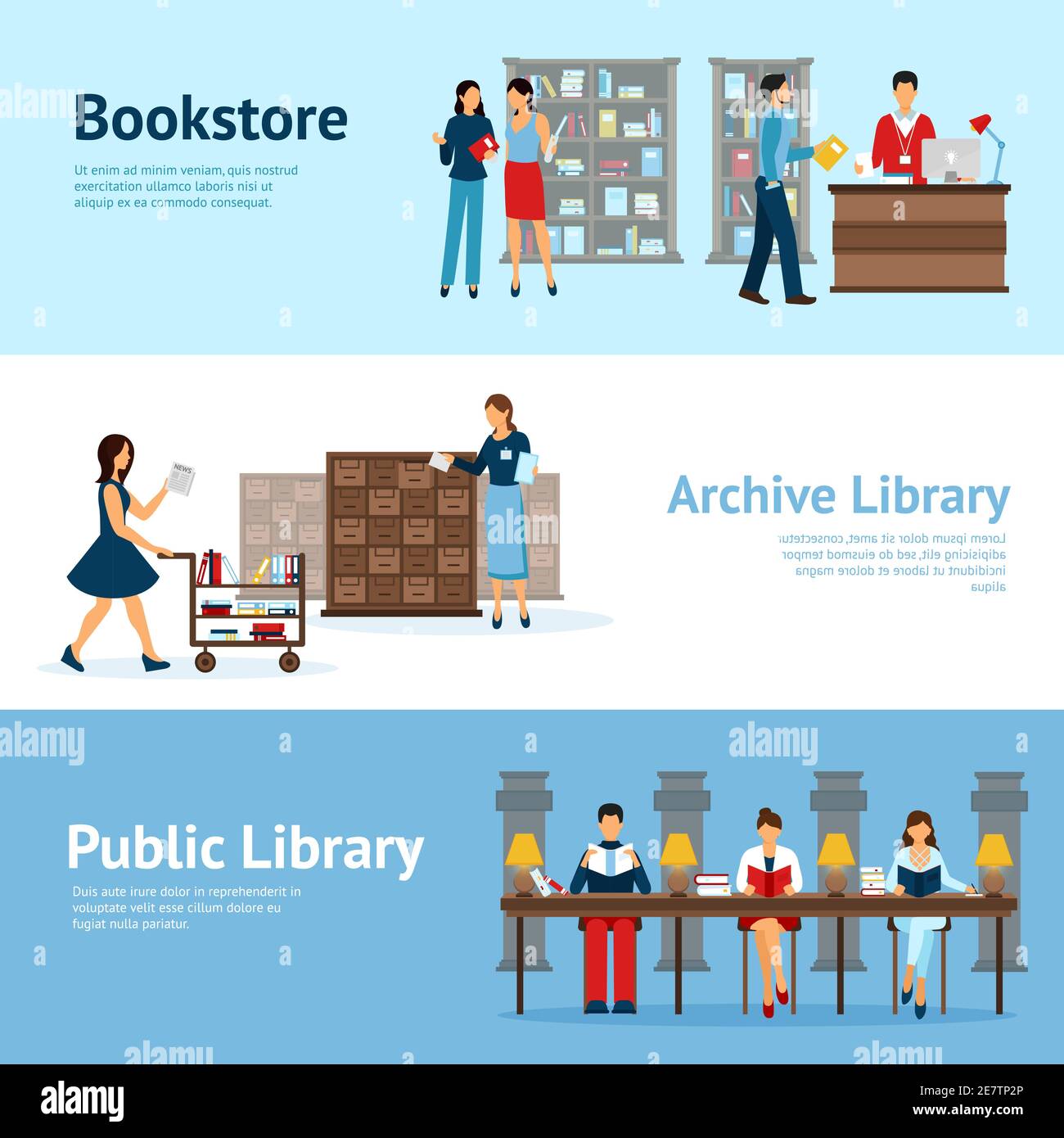 Flat horizontal banners with titles presenting bookstore customers ...