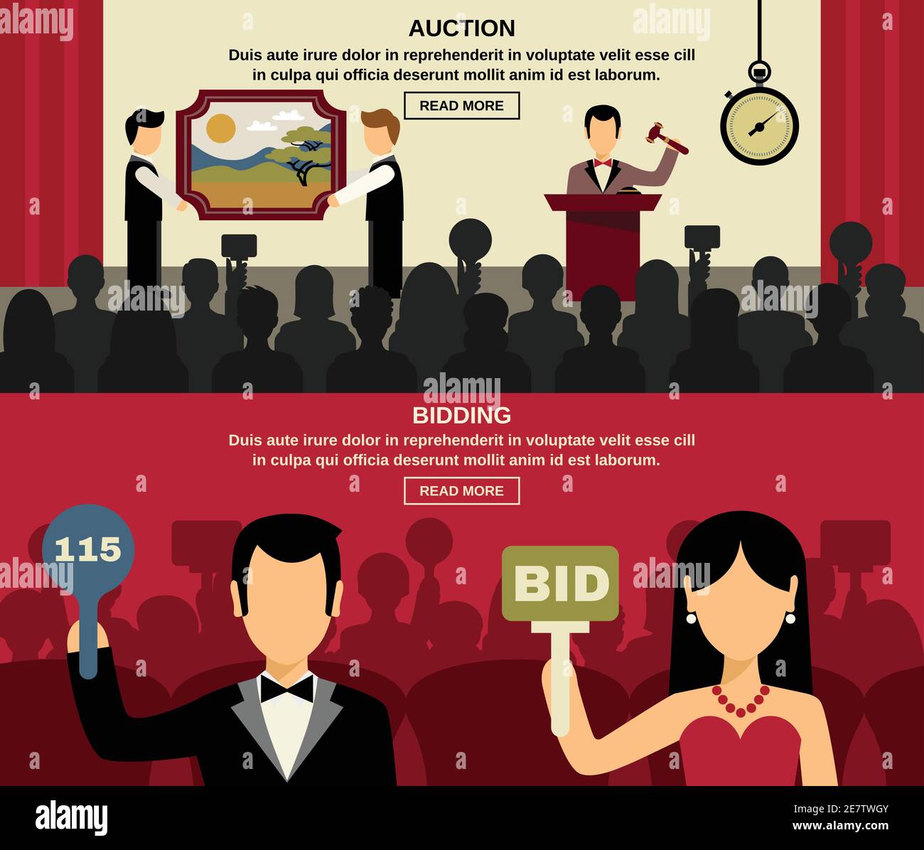 Auction and bidding horizontal banners set with people and picture flat ...