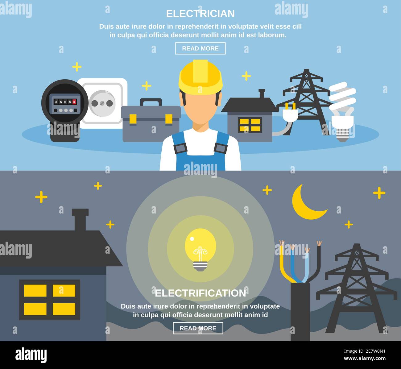 Electricity and power horizontal banners set with electrification ...