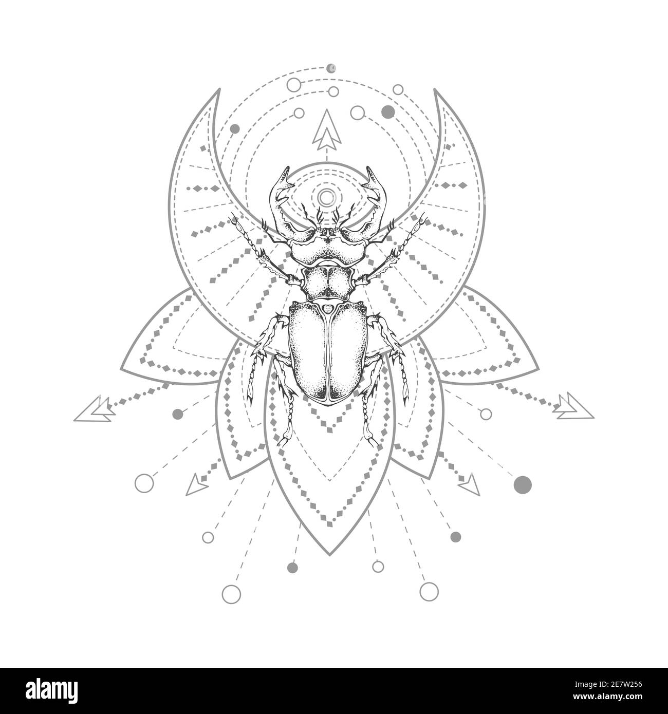 Vector illustration with hand drawn stag beetle and Sacred geometric ...