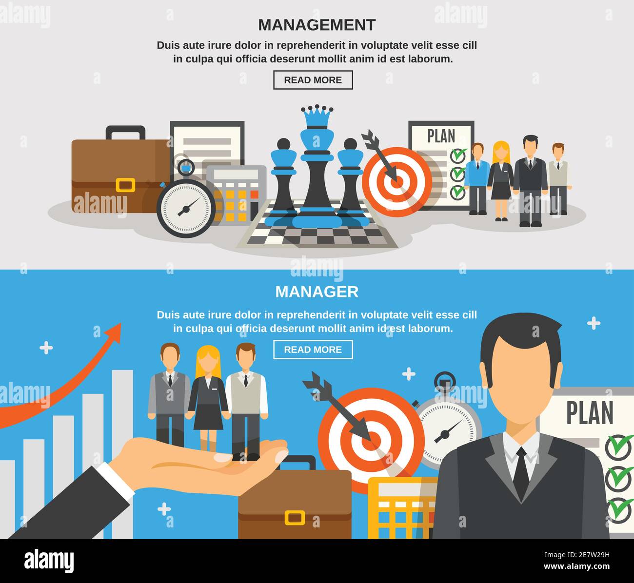 Management horizontal banner set with manager flat elements isolated ...
