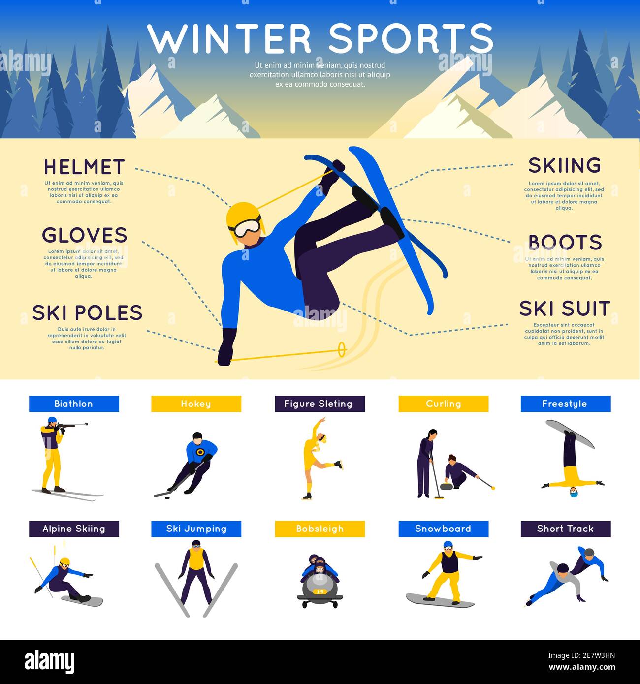 Winter sports infographics set with biathlon hockey figure skating ...