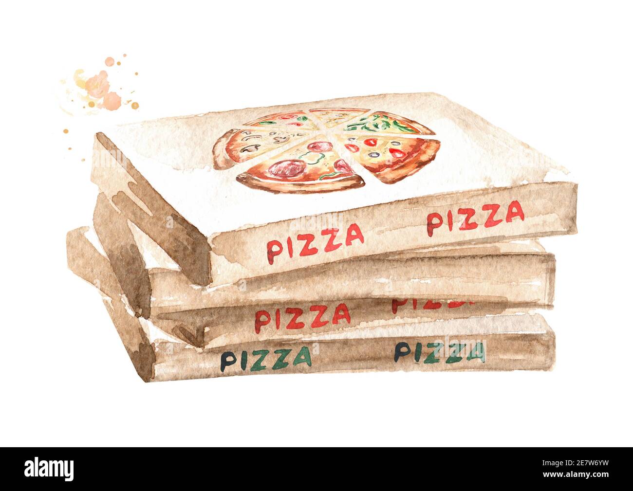 Boxes of pizza set. Hand drawn watercolor illustration isolated on ...