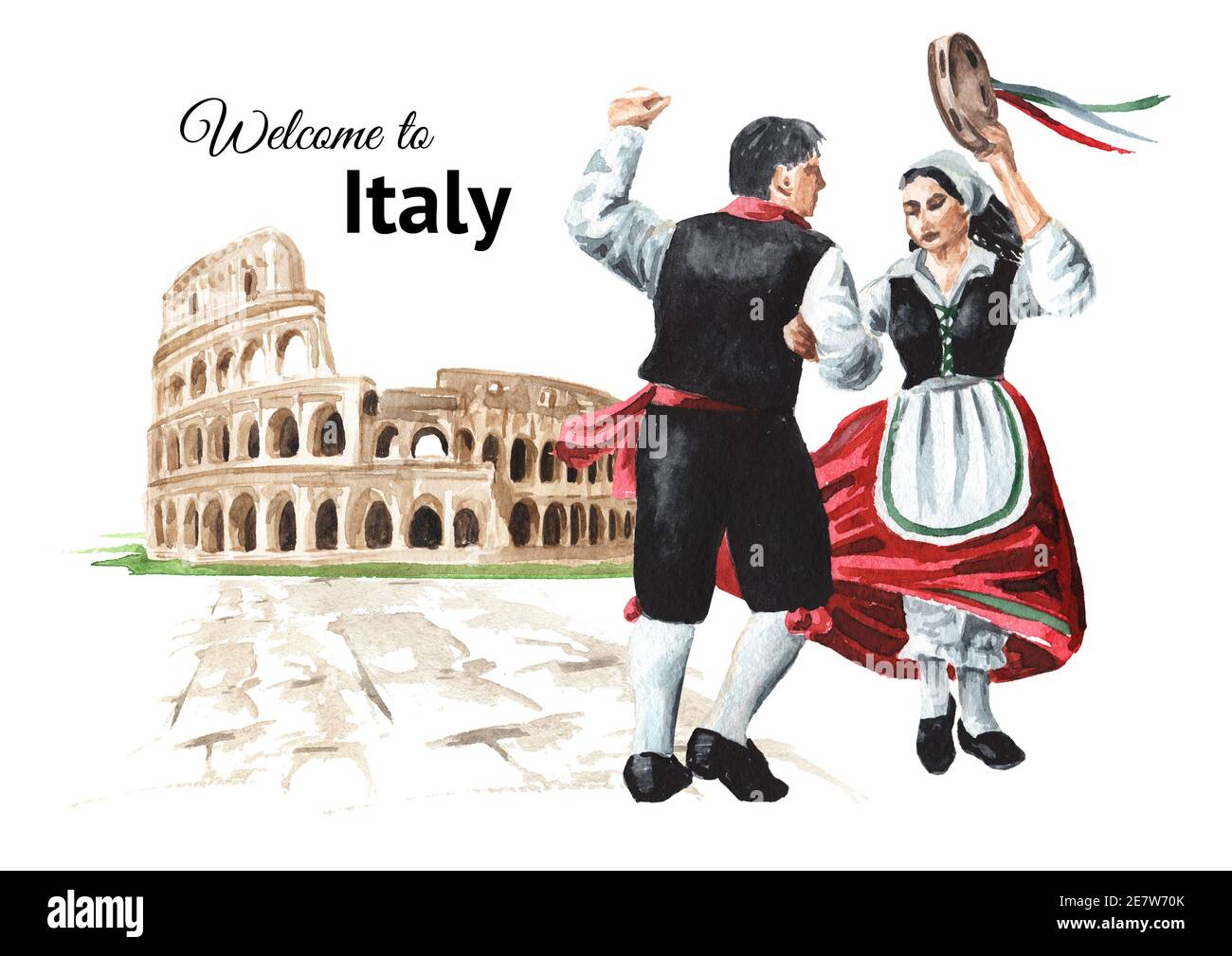 Welcome to Italy card. Italian folk dances. A couple of dancers in ...