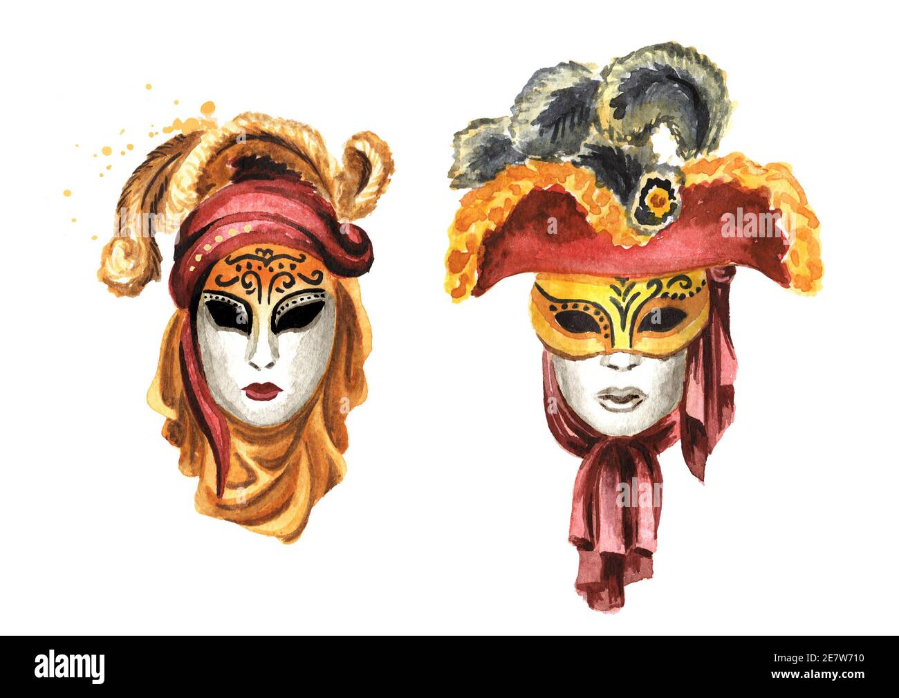 Venetian carnival masks, Italy, Venice set. Hand drawn watercolor ...
