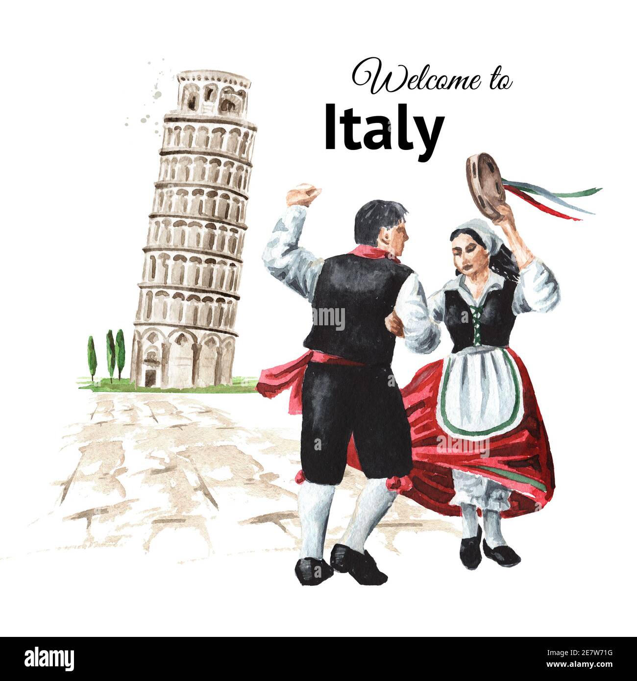 Welcome to Italy card. Italian folk dances. A couple of dancers in ...