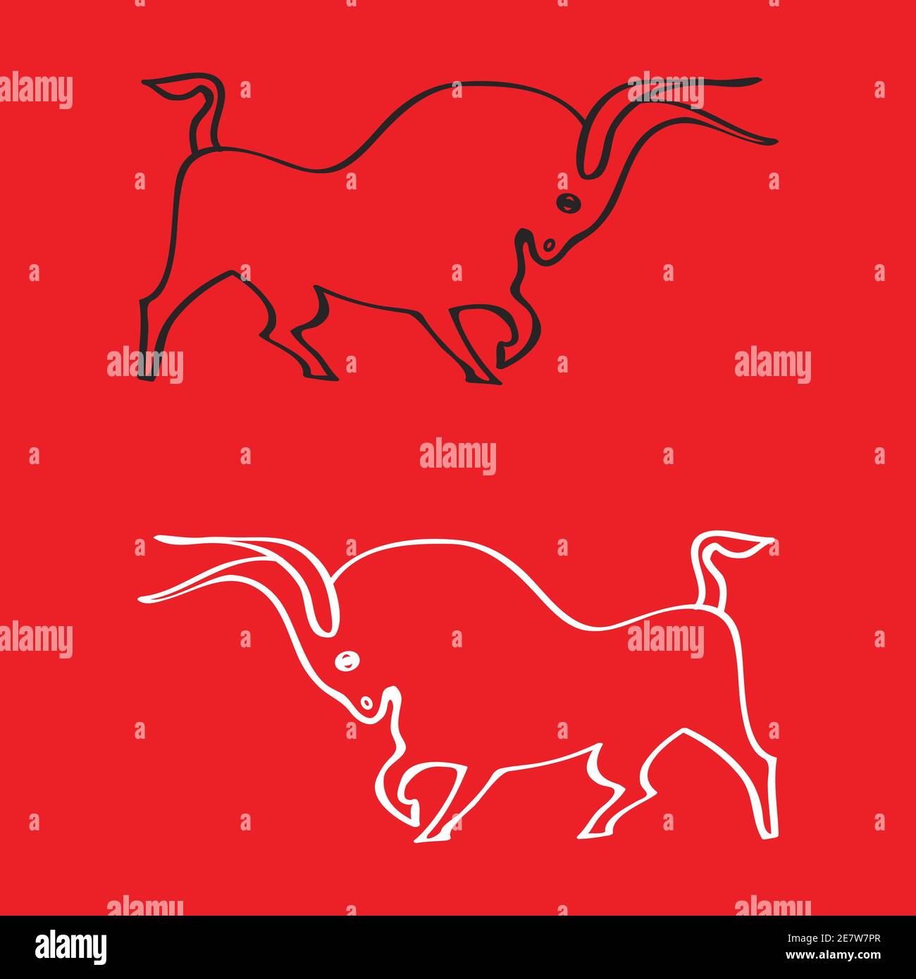 Two dynamic bulls outlines on red background. Side view. Hand drawing ...