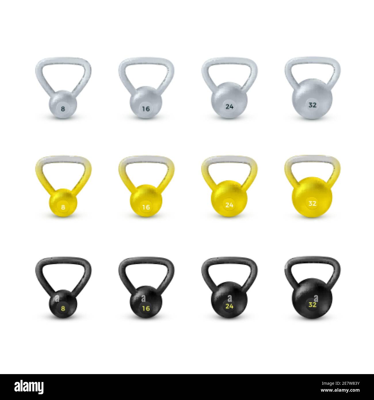 Set of black realistic kettlebell. Equipment for bodybuilding and workout. Vector illustration ...