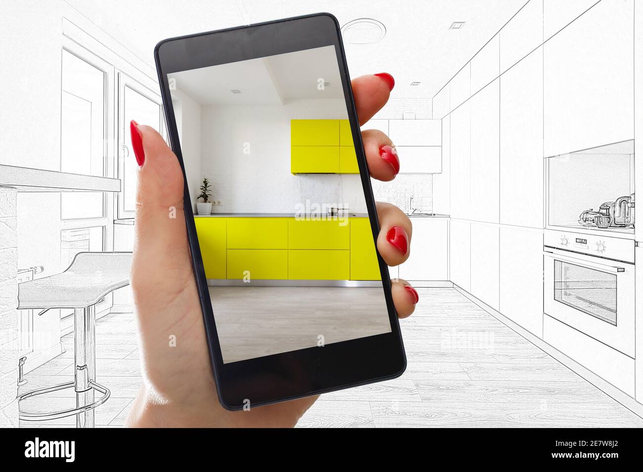 kitchen design using a phone, unusual interior digitally modified Stock ...