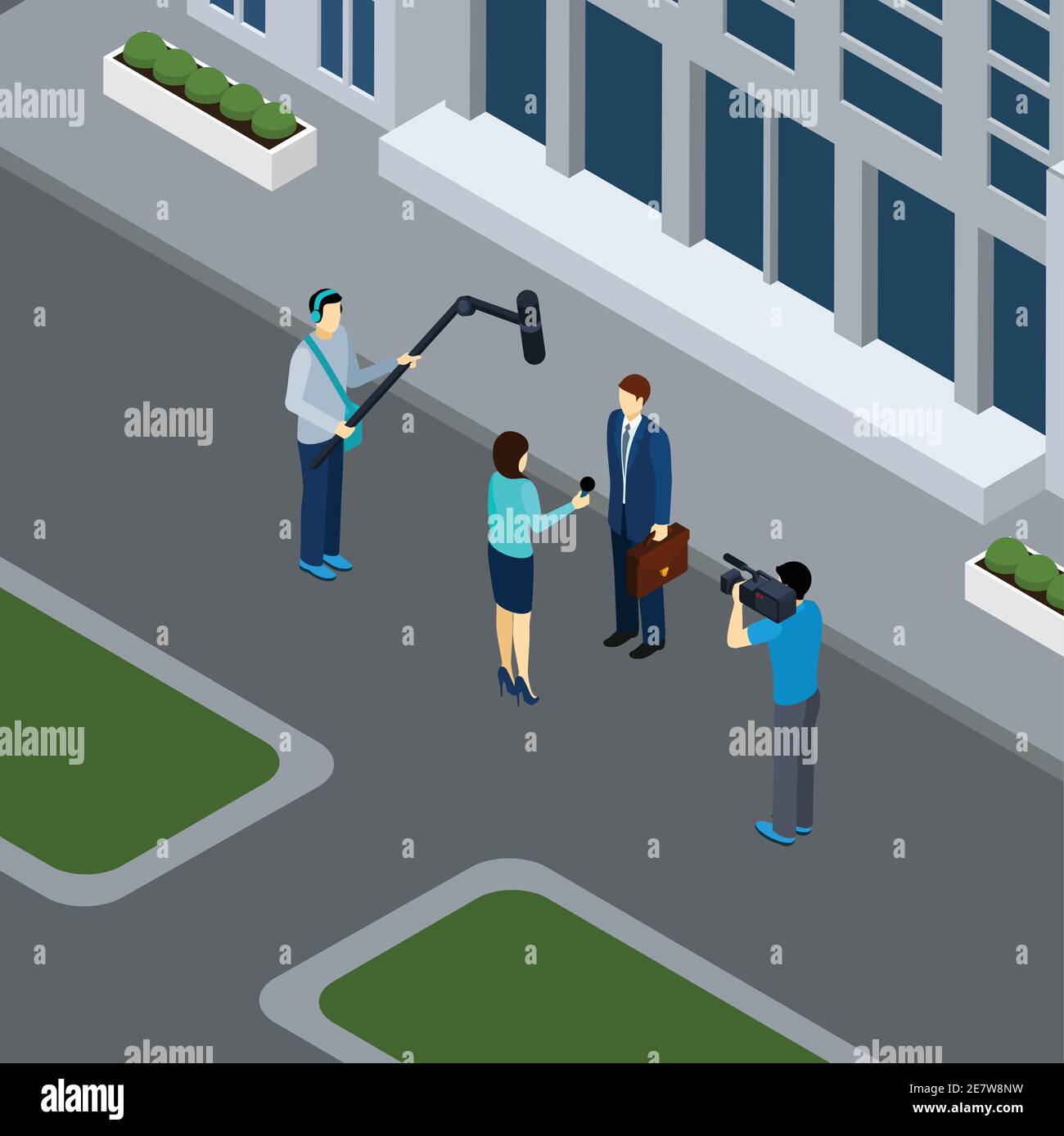 Journalist reporter taking live interview in the city center with ...