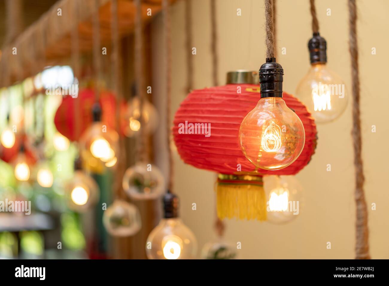 Traditional Chinese red lamps are hung for decoration in Chinese event ...